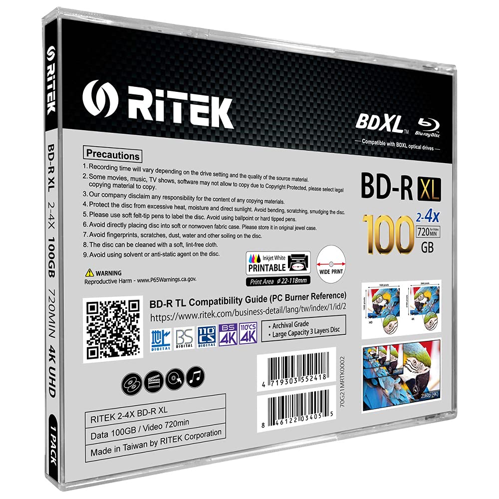 3 Pack Ritek BD-R XL BDXL 100GB Archival Grade Triple Layers 4X White Inkjet Hub Printable Blank Disc w/Standard Jewel Case