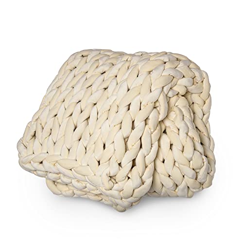 COLEYBEAR Chunky Knit Blanket, Super Soft and Warm Non-Shedding Knitted Blanket, Luxe Stockinette Knit Chunky Blanket, 20 Pounds, 60 Inches x 80 Inches, Full/Queen Size, Cream