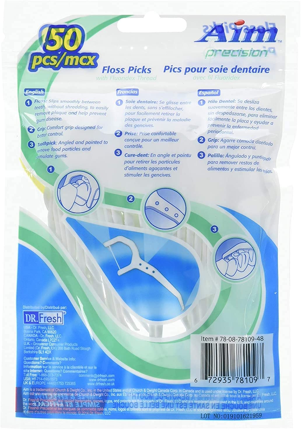 3 Pack of Aim Precision Dental Floss Picks Waxed 60 Each Perfect for Family, Hotel, Travel