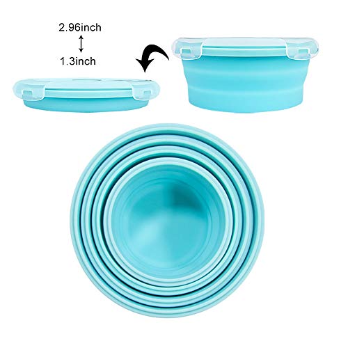 Collapsible Bowls, GLE2016 Silicone Collapsible Food Storage Containers with Lids for Camping, Round Silicone Lunch Containers, Microwave, Dishwasher and Freezer Safe (4, Blue)