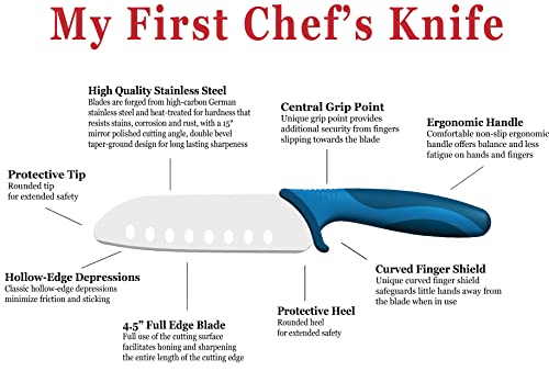 Cooking with Kids - My First Chef's Knife for Kids - (Royal/Navy) w/Protective Safety Sheath - German Stainless Steel - Curved Finger Shield/Children