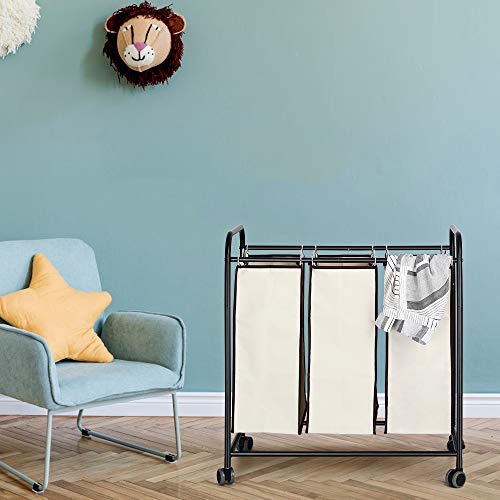 3-Bag Laundry Hamper Sorter Black 3 Section Rolling Dirty Clothing Organizer Cart, Triple Laundry Basket with Heavy Duty Lockable Wheels and Three Removable Laundry Bags, for Bathroom Living Room