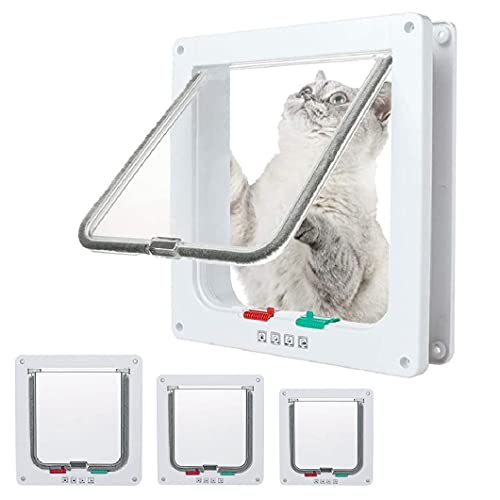 goTeamghjkl Cat Door Flap (Outer Size 7.5" x 7.8"), 4 Way Locking Medium Cat Door for Interior Exterior Doors, Weatherproof Pet Door for Cats Doggie Kitty and Kittens with Circumference < 15.75"