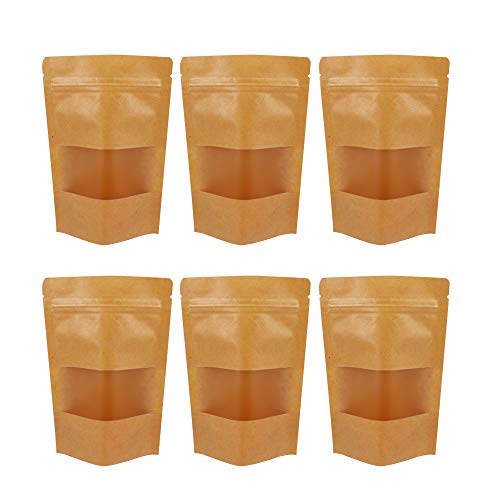 Belinlen 300pcs 3.94x5.87" Kraft Stand Up Pouches Zip Lock Food Storage Bags with Matte Window Multipurpose Kraft Paper Bags Reusable, Heat-Sealable