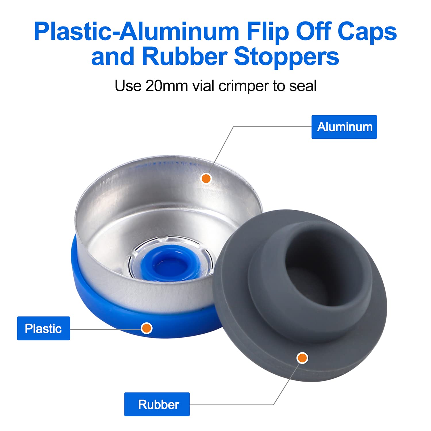100 Pack 10ml Glass Vials, Clear Glass Headspace Vials with Plastic-Aluminum Flip Off Caps and Rubber Stoppers, 20mm Transparent Flat Bottom Lab Vial