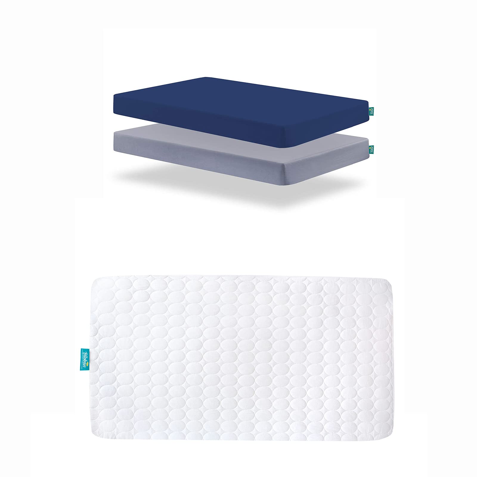 Toddler Waterproof Crib Mattress Pad Cover with 2 Pack Crib Sheets,Standard Size 52â x 28â,Machine Washable, White& Navy