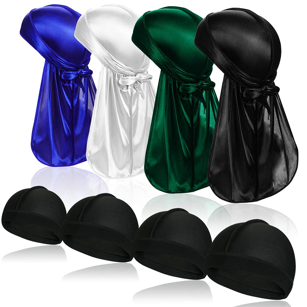 ASKNOTO 4 Pcs Silky Men Durag Headwraps with Long Tail and 4 Pcs Silk Wave Cap Perfect for 360 Waves
