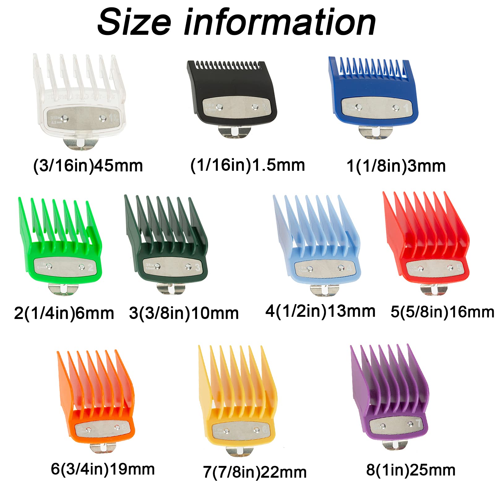 10PCS Hair Clipper Cutting Guides Combs with Metal Clip Colored Clipper Guards for Wahl Clipper Trimmer Guards Attachment from 1/16 Inch to 1 Inch, Compatible with Most Wahl Clippers