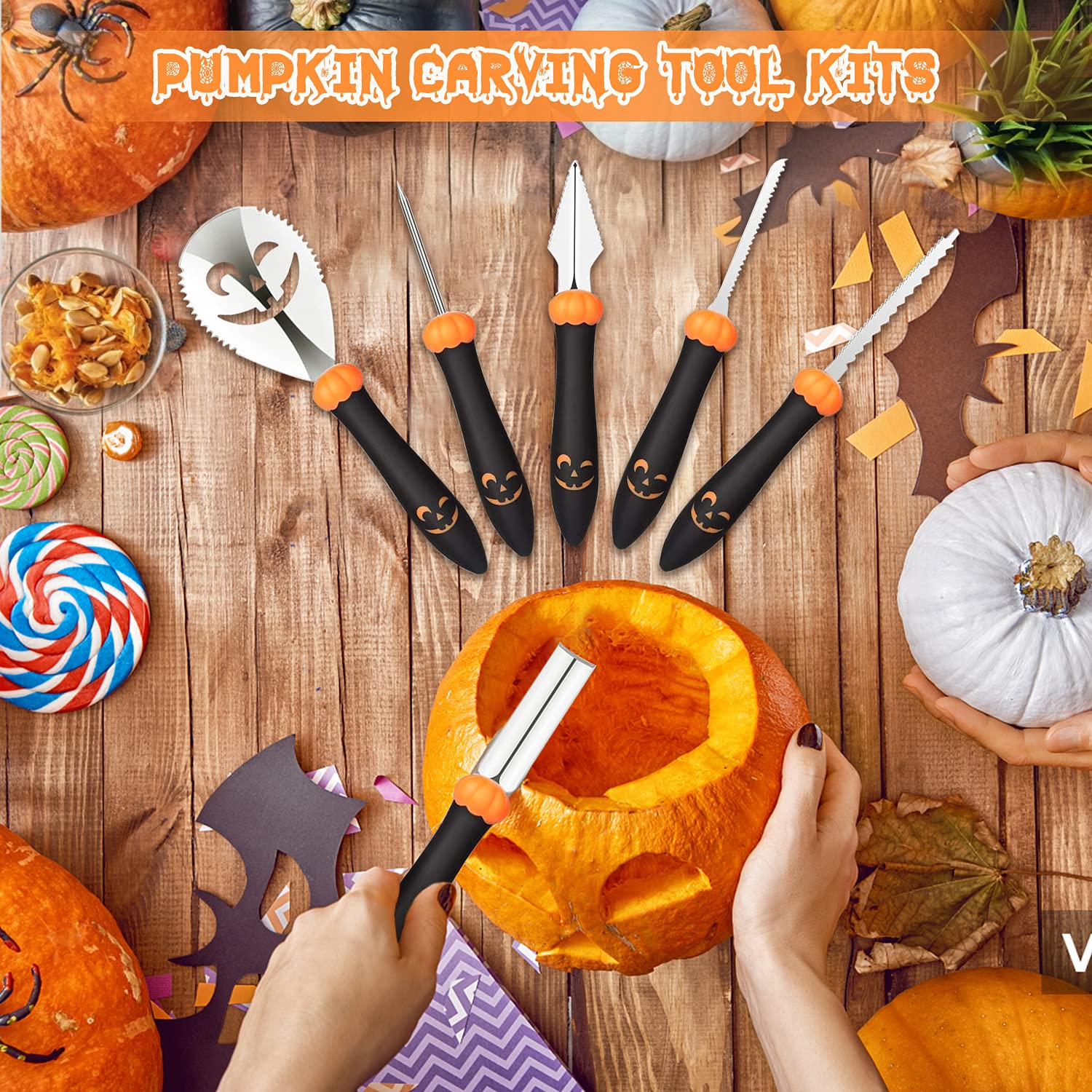 Sakmilu Halloween Pumpkin Carving Kit - 6 Pcs Pumpkin Carving Tools Stainless Steel with Stencils Storeage Bag for Halloween Decoration Jack-O-Lanterns