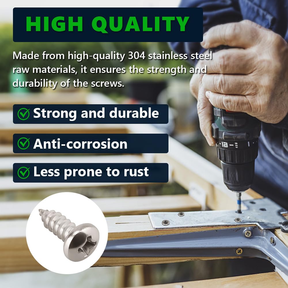#12 x 1/2" (50 Pack) Stainless Steel Phillips Pan Head Wood Screws, Stainless Steel 304 (18-8), Pan Head Sheet Metal Screws Self Tapping Screws