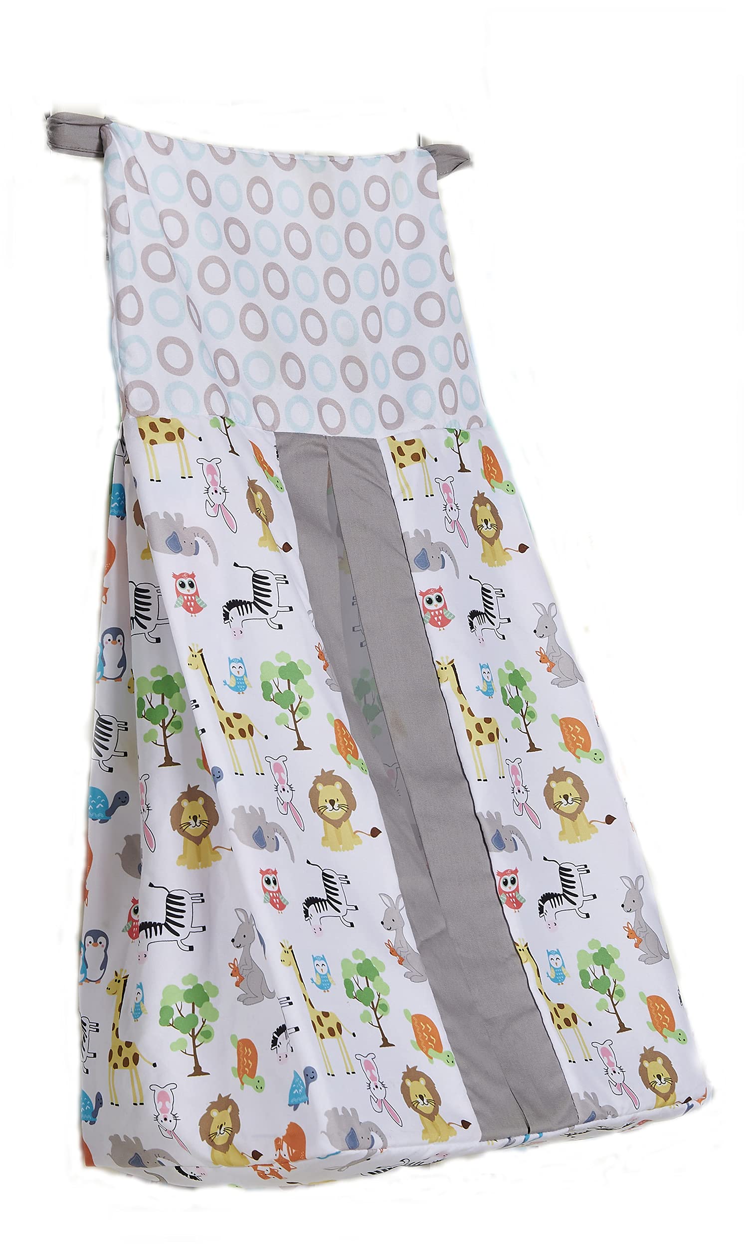 5 PCs Noah's Ark Nursery Crib Bedding Set Blue Grey Animal Theme Baby Crib Bedding Set Quilt + Skirt + Fitted Sheet + Diaper Storage Bag + Window Valance
