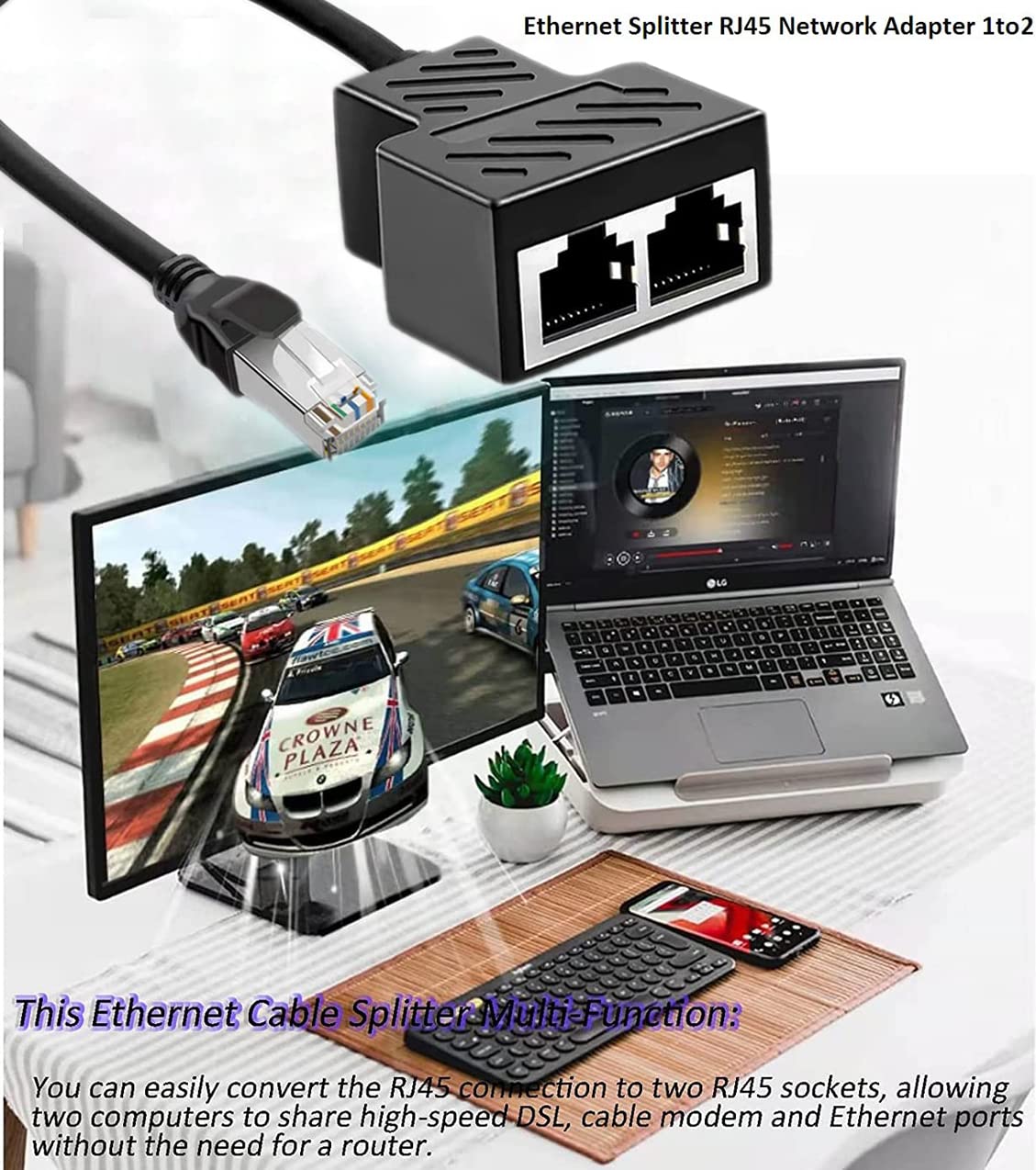 2Pack RJ45 Ethernet Splitter Cable Network Adapter 1 Male to 2 Female, Suitable Super Cat5, Cat5e, Cat6, Cat7 Connector LAN Ethernet Cables Internet Adapter, Black
