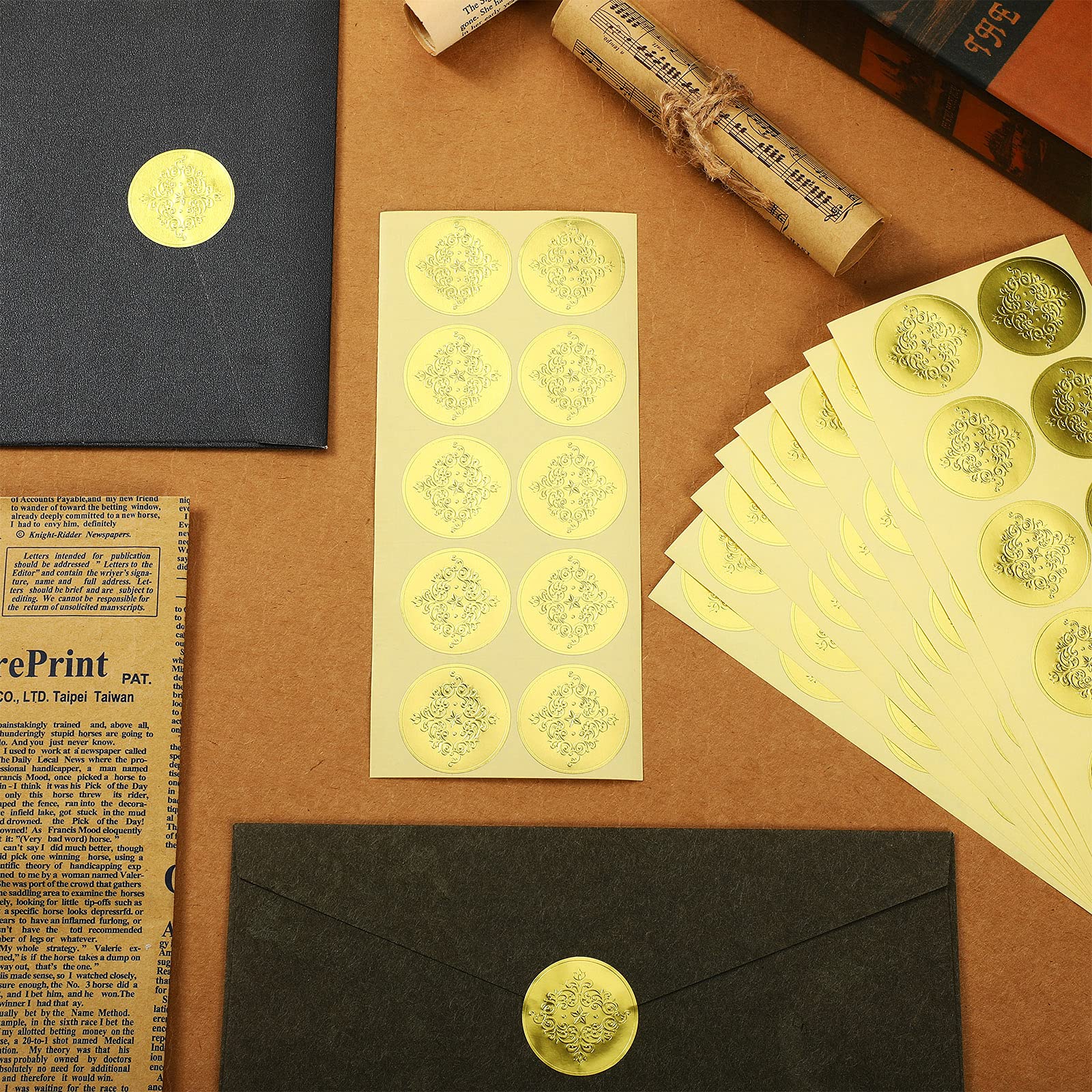 100 Pieces Embossed Gold Foil Certificate Seals Envelope Gold Foil Seals Embossed Stickers for Wedding Invitations Certificates Envelopes Students, Flower Pattern