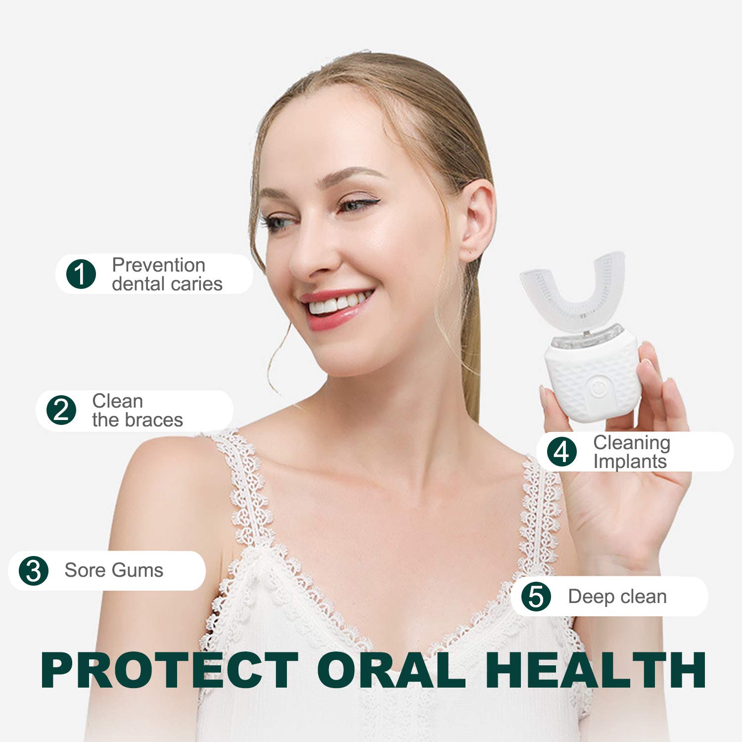 FLINEVE U Shaped Electric Toothbrush, Ultrasonic Automatic Whitening Massage Toothbrush for Adults and Elder with 3 Cleaning Modes(Color:White)