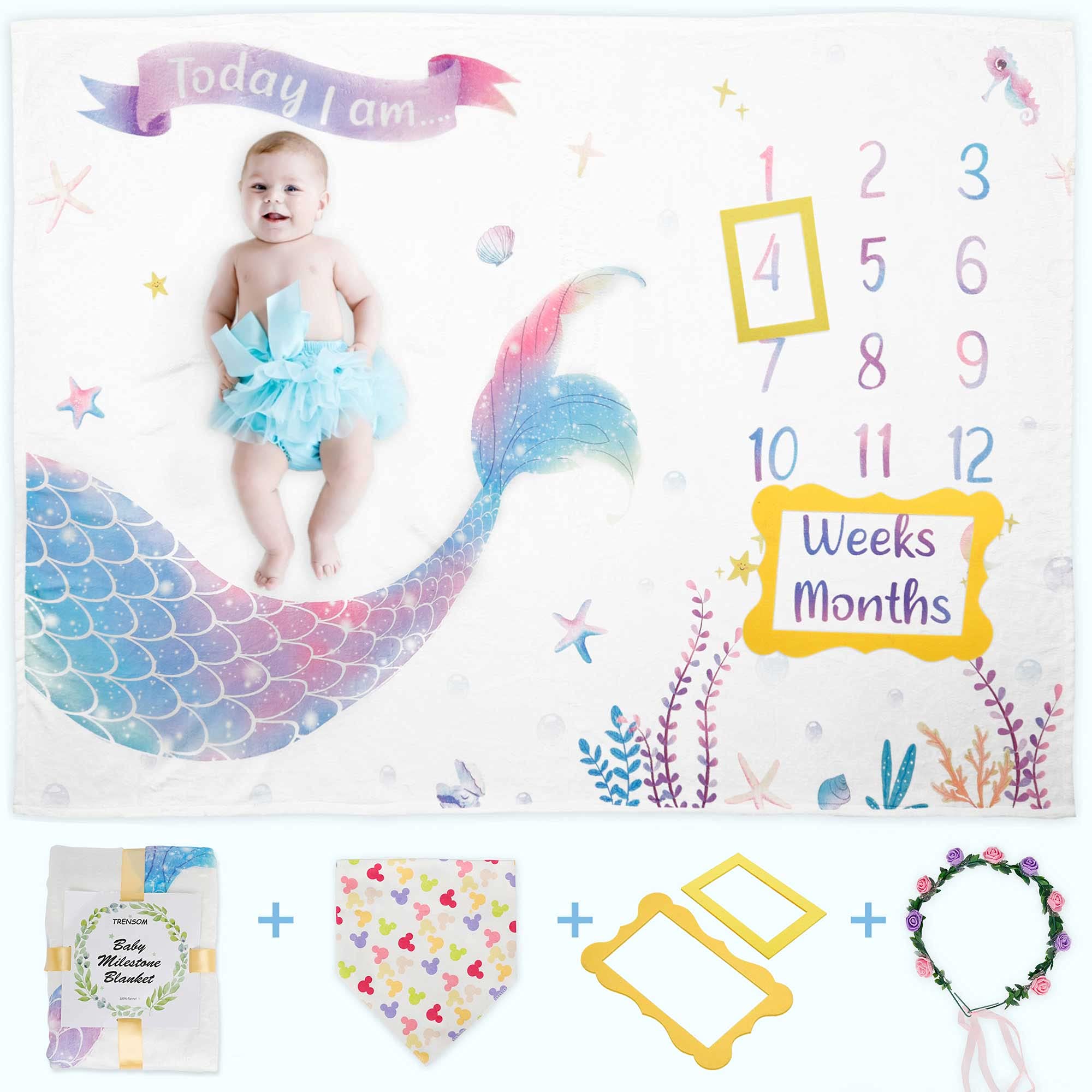 TRENSOM Little Mermaid Blanket Baby Monthly Milestone Blanket Girl Personalized Fleece Months Blakets Newborn Shower Nursery Decor with One Bib & Hedbd Two Frames,Large 59âx40â