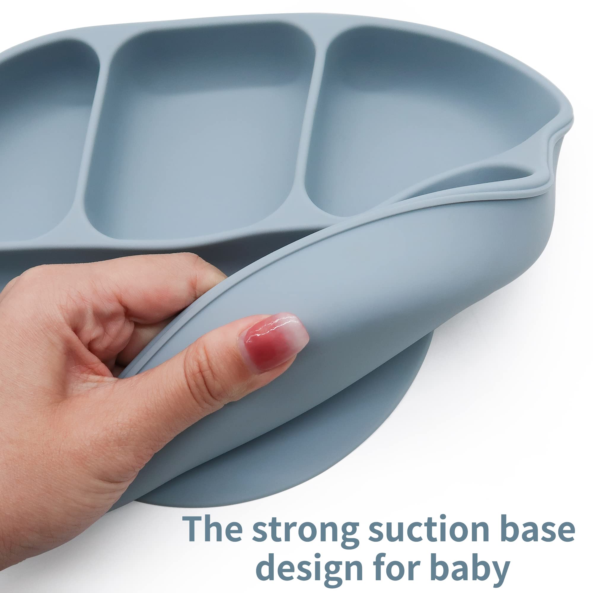 Toddler Plates with Lid Weaning Spoon Fork Set, Santi & Me Silicone Baby Plates with Suction Solid Feeding Dishes and Utensils Set - BPA Free, Microwave & Dishwasher Safe(Dusty blue)