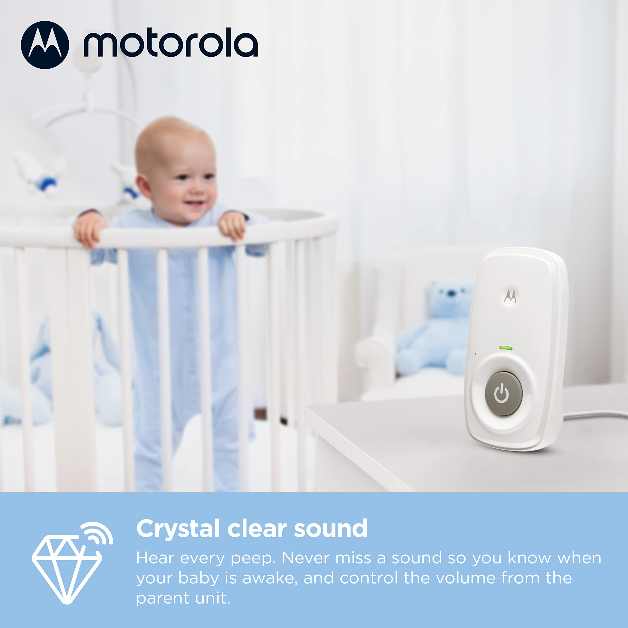 Motorola Nursery AM21 Audio Baby Monitor, 1-Way Audio, 1000ft Range, Sensitive Mic, Volume Control, Portable Parent Unit (AAA Batteries Not Included)