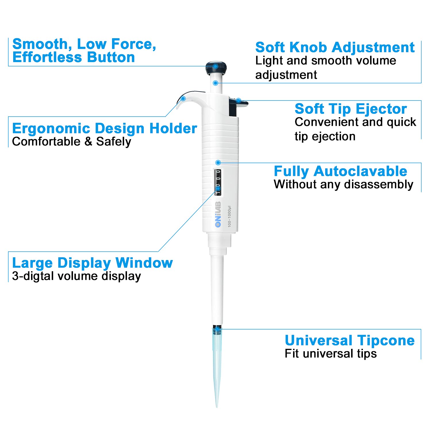 ONiLAB Lab Micropipette, Single Channel Pipette,Adjustable Volume Pipette, Micro Pipettes, High Precision Pipettor,Fully Autoclavable,100-1000ul