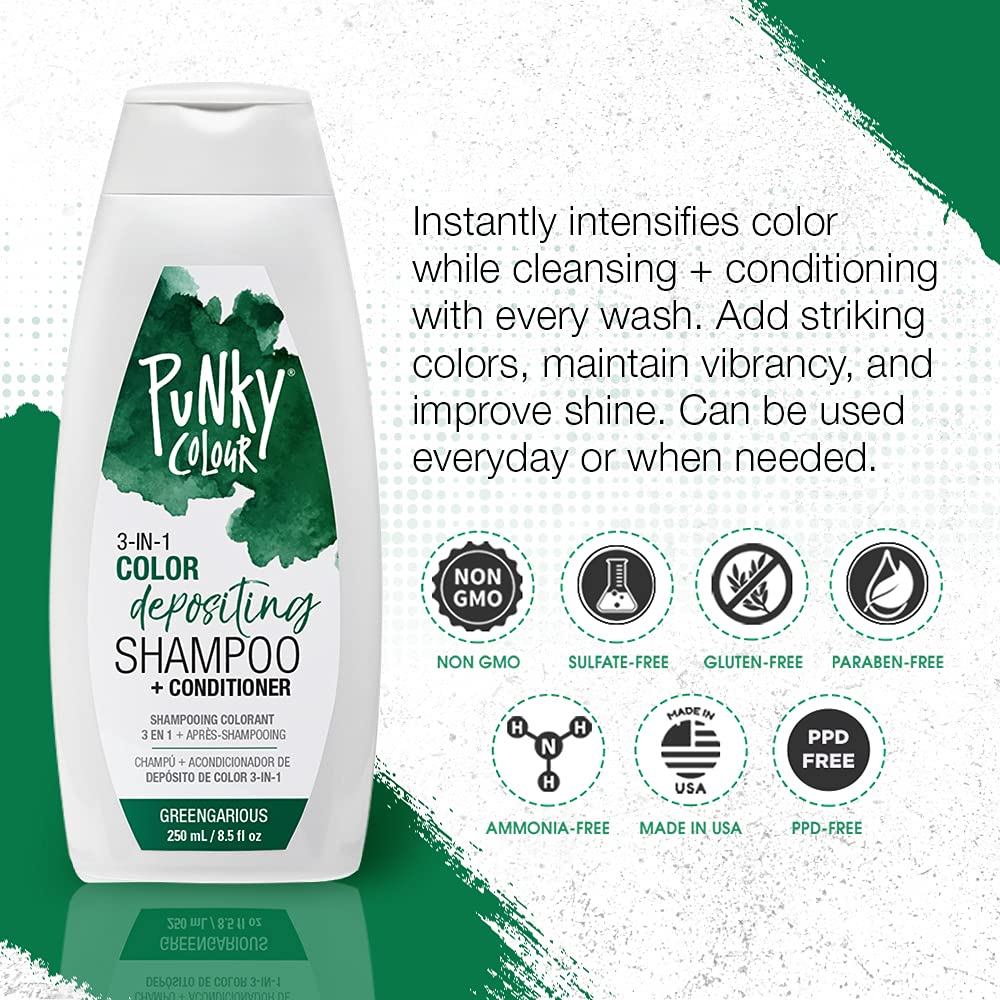 Punky Greengarious 3-in-1 Color Depositing Shampoo & Conditioner with Shea Butter and Pro Vitamin B that helps Nourish and Strengthen Hair, 8.5 oz