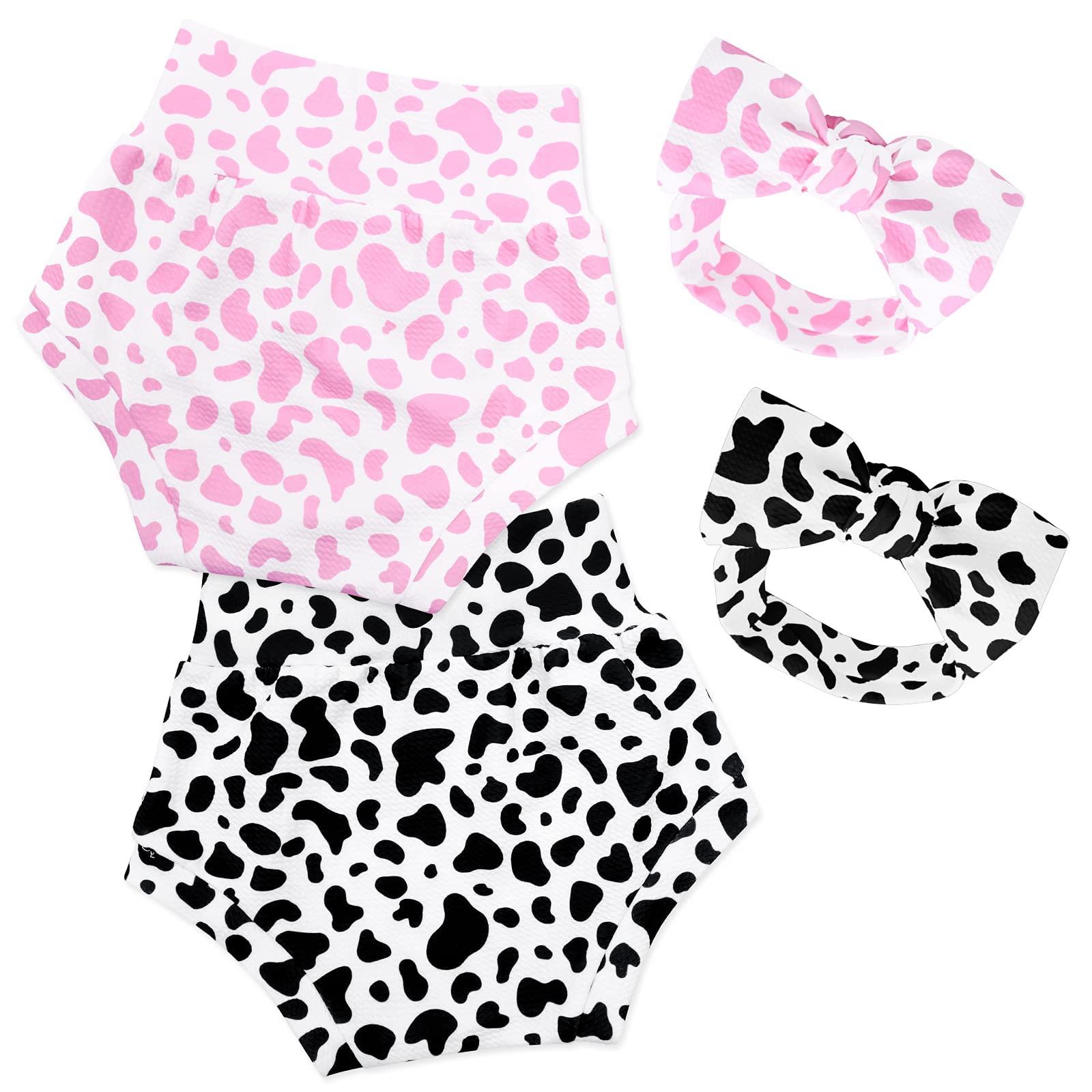 Cow Print Baby Shorts Set Baby Girl Bummies Summer Shorts High Waisted Bloomers and Bows Cow Spot Diaper Cover Baby Shorts Cow Girl Outfit Baby Toddler Clothes Baby Shower Birthday Cake Smash Gift