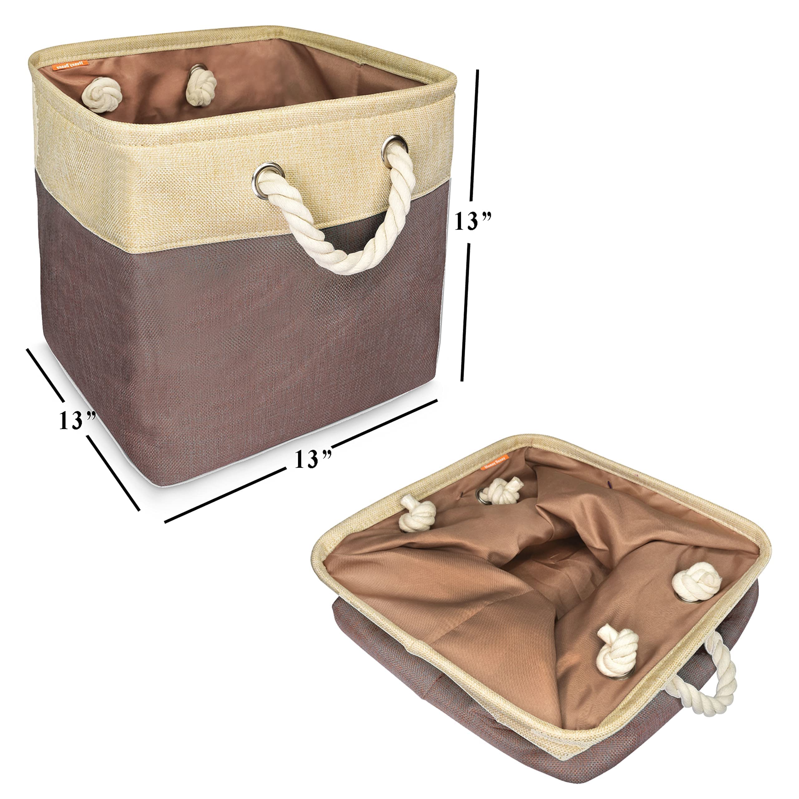 HunnyBunny Foldable Storage Bins - Premium Quality Organizing Baskets for Home Office, Living Room, Bedroom, Kitchen, Bathroom, Nursery, Closet - Collapsible Cube, Cotton Fabric, 13x13 - Pack of 4 (Brown)
