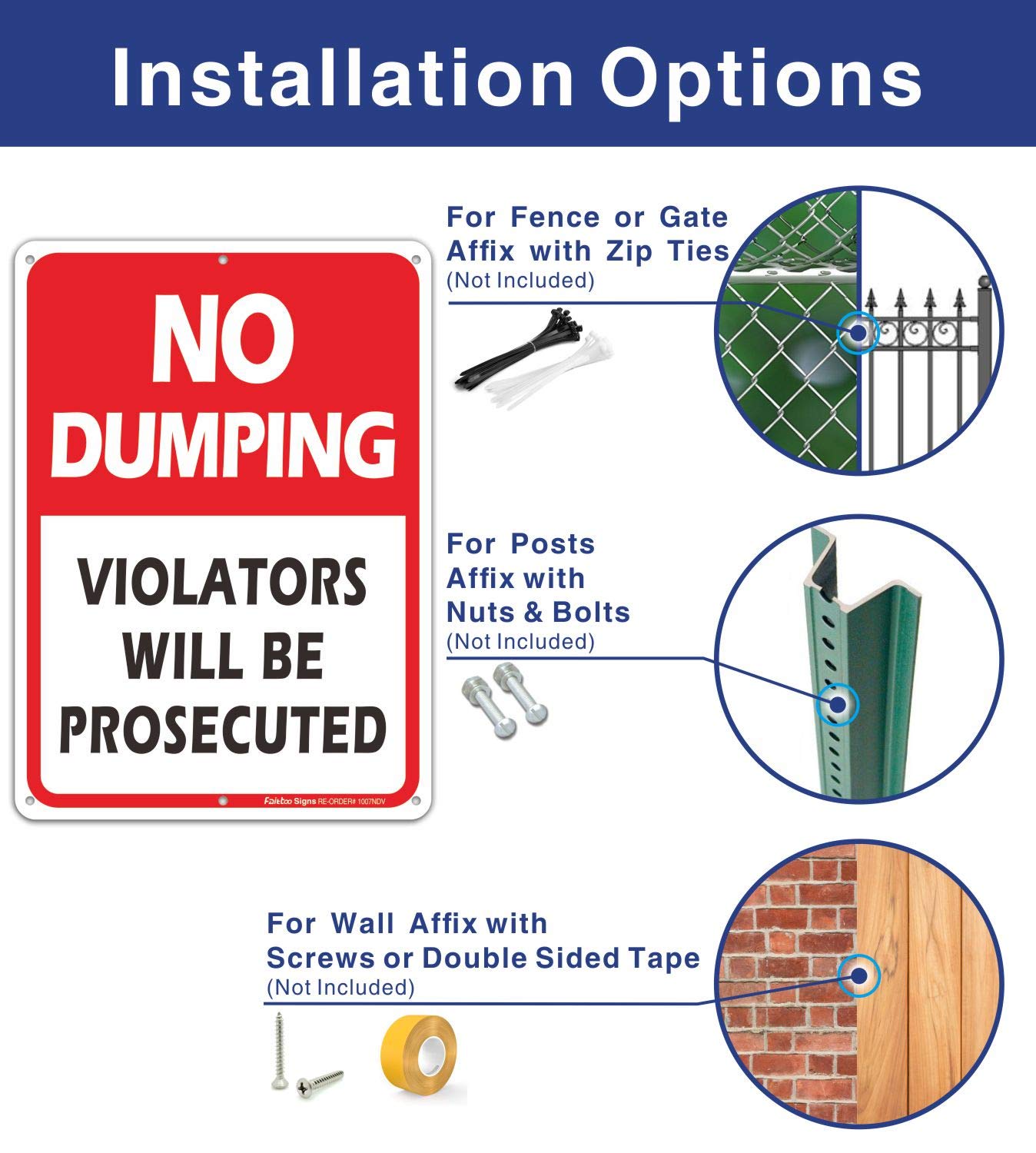 (2 Pack) No Dumping Sign, Violators Will Be Prosecuted Sign, 10" x 7" Rust Free .40 Aluminum, UV Protected, Weather Resistant, Waterproof, Durable Ink，Easy to Mount