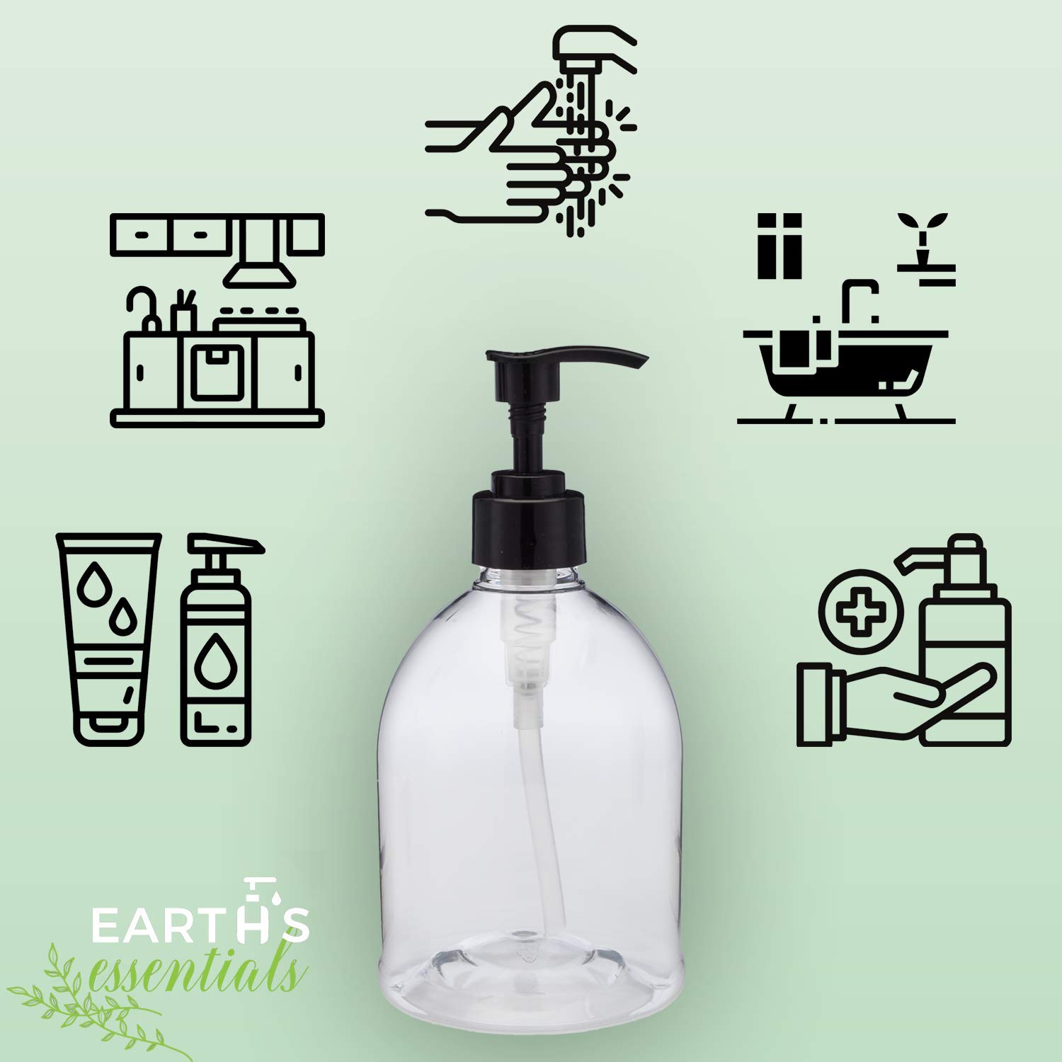 (2 Pack) Earth's Essentials Versatile 16 Ounce Refillable Designer Pump Bottles. Excellent Liquid Hand Soap, Homemade Lotion, Shampoo and Massage Oil Dispensers. Shatterproof PET Plastic.