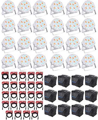 (24) Rockville LED RGB Par Can Wash Light - White Bundle: (12) Wash Lights, (1) Universal Travel Bag, (1) 25ft 3 Pin DMX Lighting Cable, (23) 10ft 3 Pin DMX Lighting Cables (60 Items)