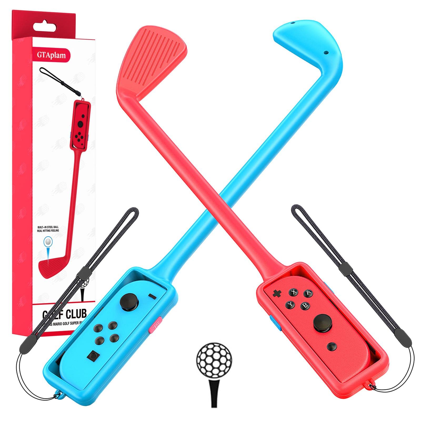(2 Pack) GTAplam Golf Club Compatible with Nintendo Switch, Joy Con Controller Grip for Mario Golf, Golf Games Hand Grip Accessories for Super Rush - Red & Blue