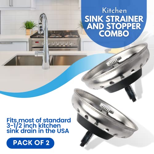 (2-Pack) Kitchen Sink Strainer with Stopper - Replacement Stainless Steel Strainer with Rubber Stopper Bottom - Fits Standard 3 1/2β Drains with Rectangular Center Hole - Post-Style Strainer Baskets