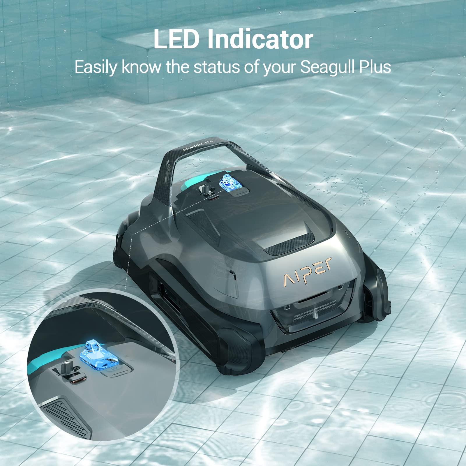 (2023 Upgrade) AIPER Seagull Plus Cordless Pool Vacuum, Robotic Pool Cleaner Lasts 110 Min, Stronger Power Suction, LED Indicator, Ideal for Above/In-Ground Flat Pools up to 60 Feet