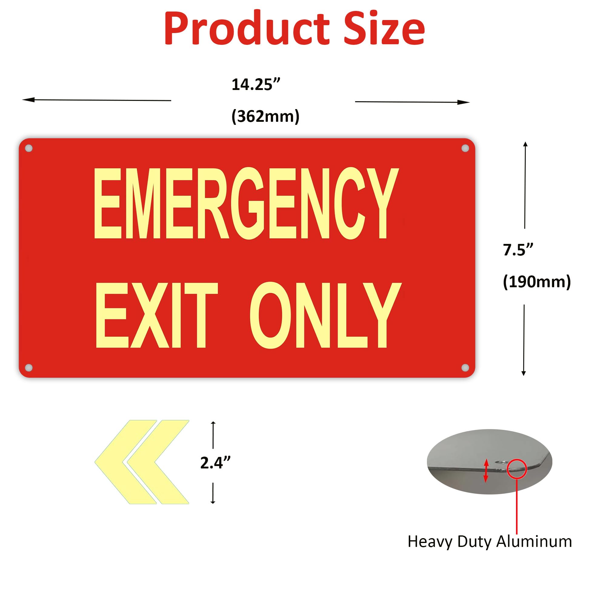 (2Pack) Photoluminescent Emergency Exit Sign Red, Glow In The Dark Aluminum Exit Sign - Adhesive Backing - 4pcs Removable Arrows Included - 14.25 x 7.5 Inches - Non Electrical Exit Sign