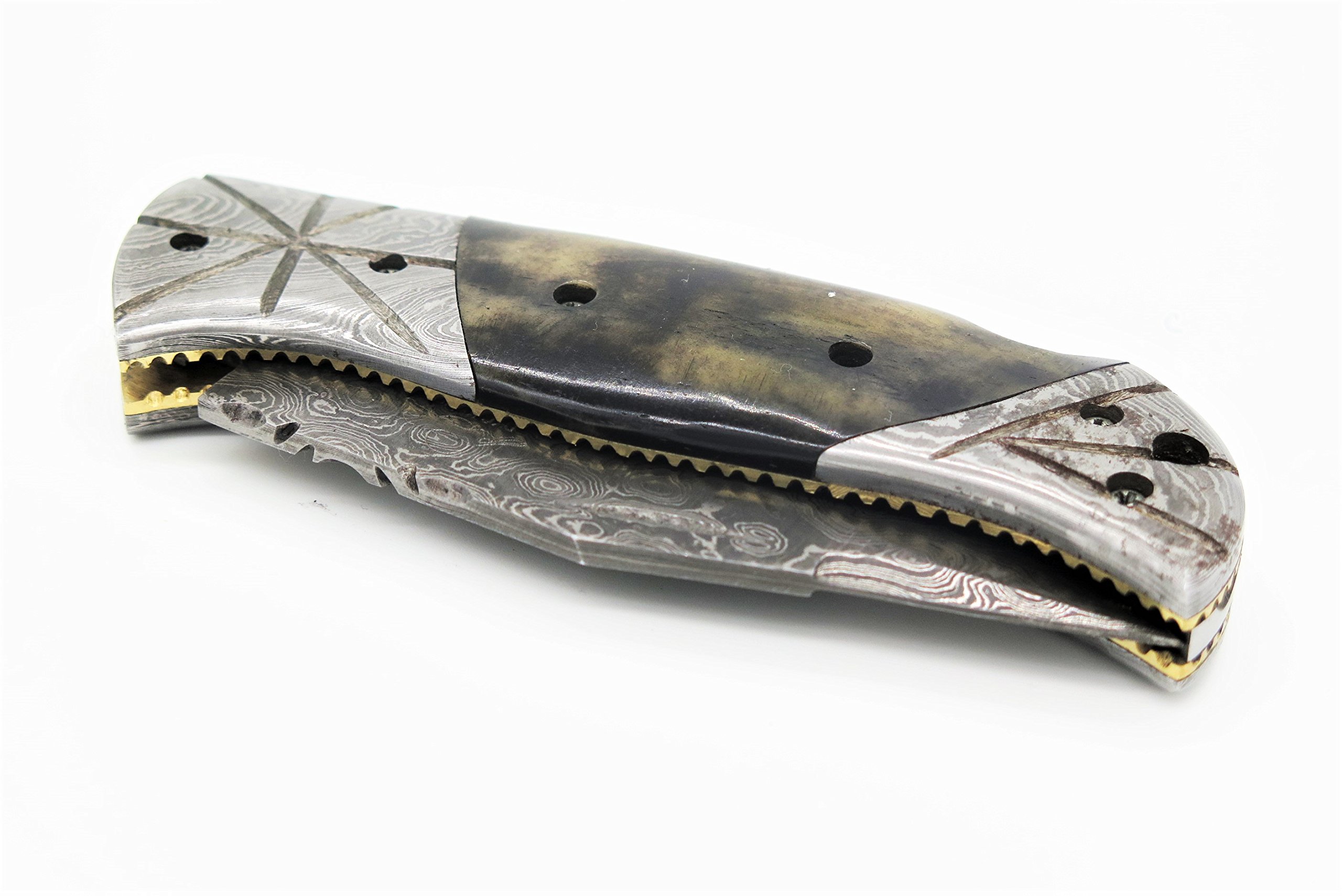 (3 7/18) Sale DKC-727 Midnight Cowboy Damascus Steel Black Bone Folding Pocket Hunting Knife 4.5' Folded 8" Open 3.25" Blade