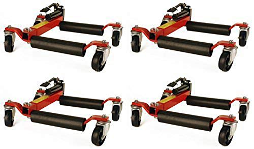(4) Dragway Tools 12in. 1500 lb Hydraulic Car Wheel Dolly with Storage Stand