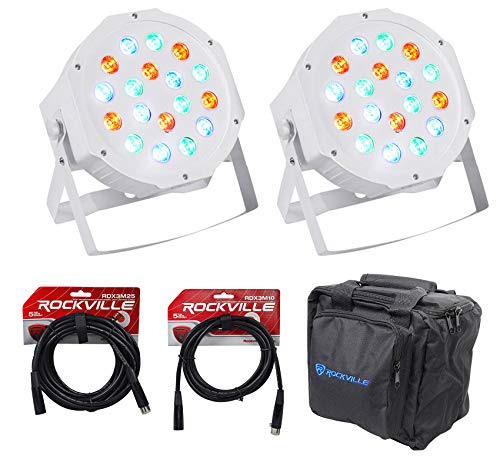 (2) Rockville LED RGB Par Can Wash Light Bundle: DJ/Club/Stage Wash Light, (1) Universal Travel Bag, (1) 25ft 3 Pin DMX Lighting Cable, (1) 10ft 3 Pin DMX Lighting Cable (5 Items)