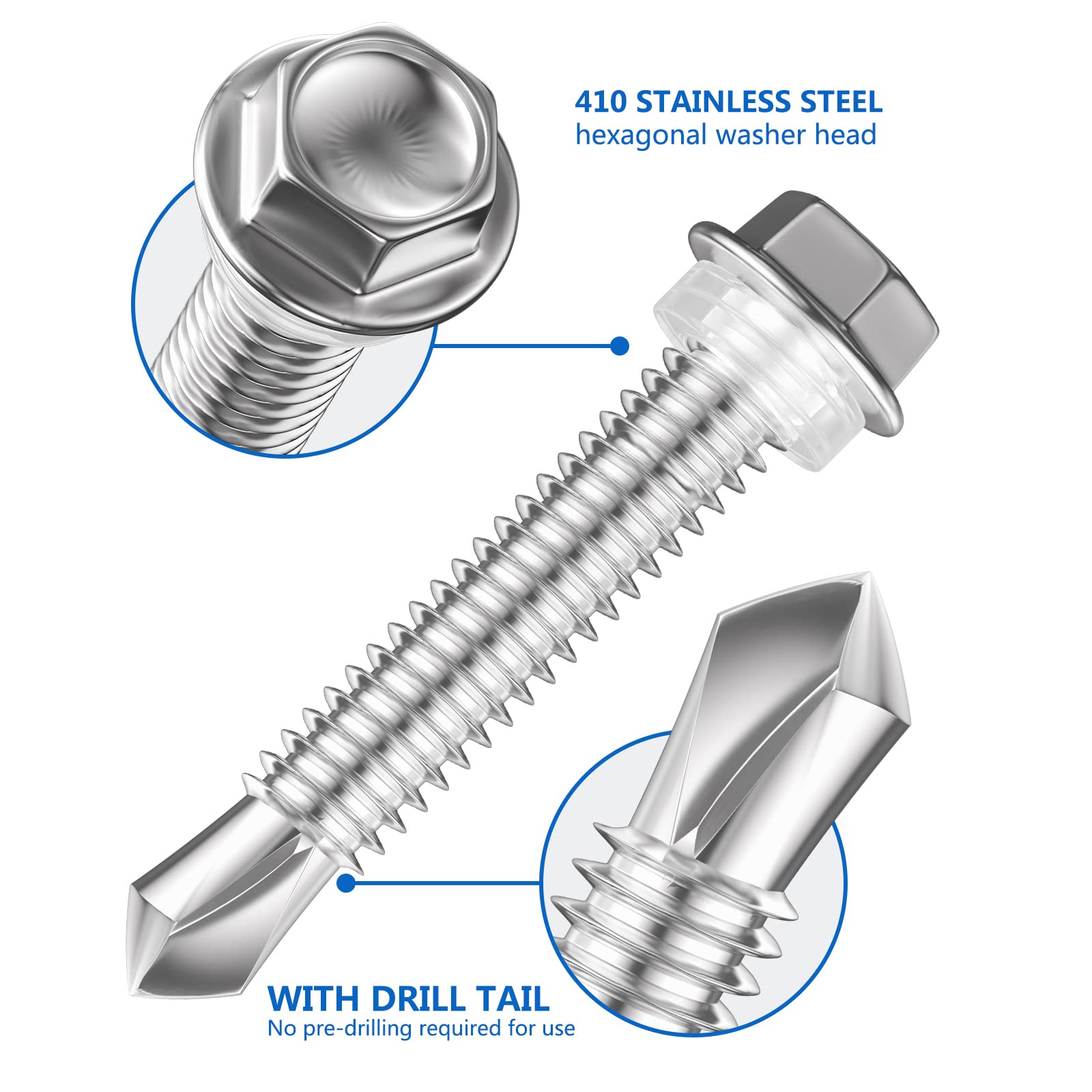 (100PCS) #12×1" 410 Stainless Steel Hex Washer Head Self Tapping Self Drilling Sheet Metal Tek Screws