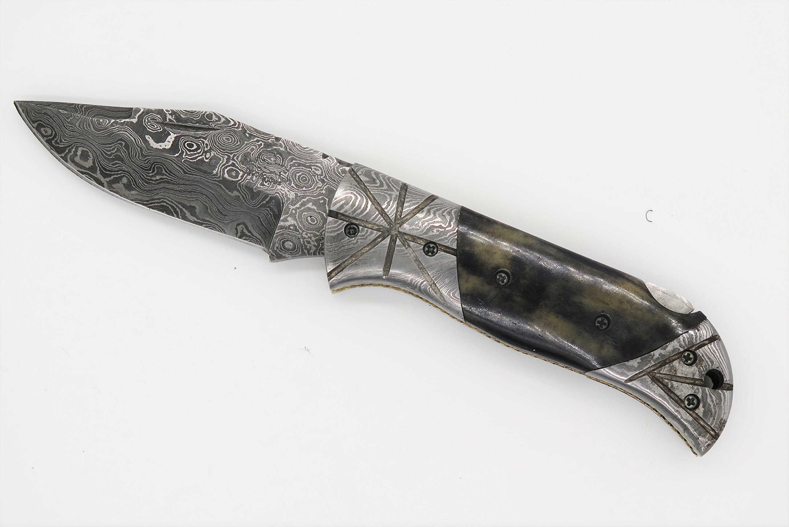 (3 7/18) Sale DKC-727 Midnight Cowboy Damascus Steel Black Bone Folding Pocket Hunting Knife 4.5' Folded 8" Open 3.25" Blade