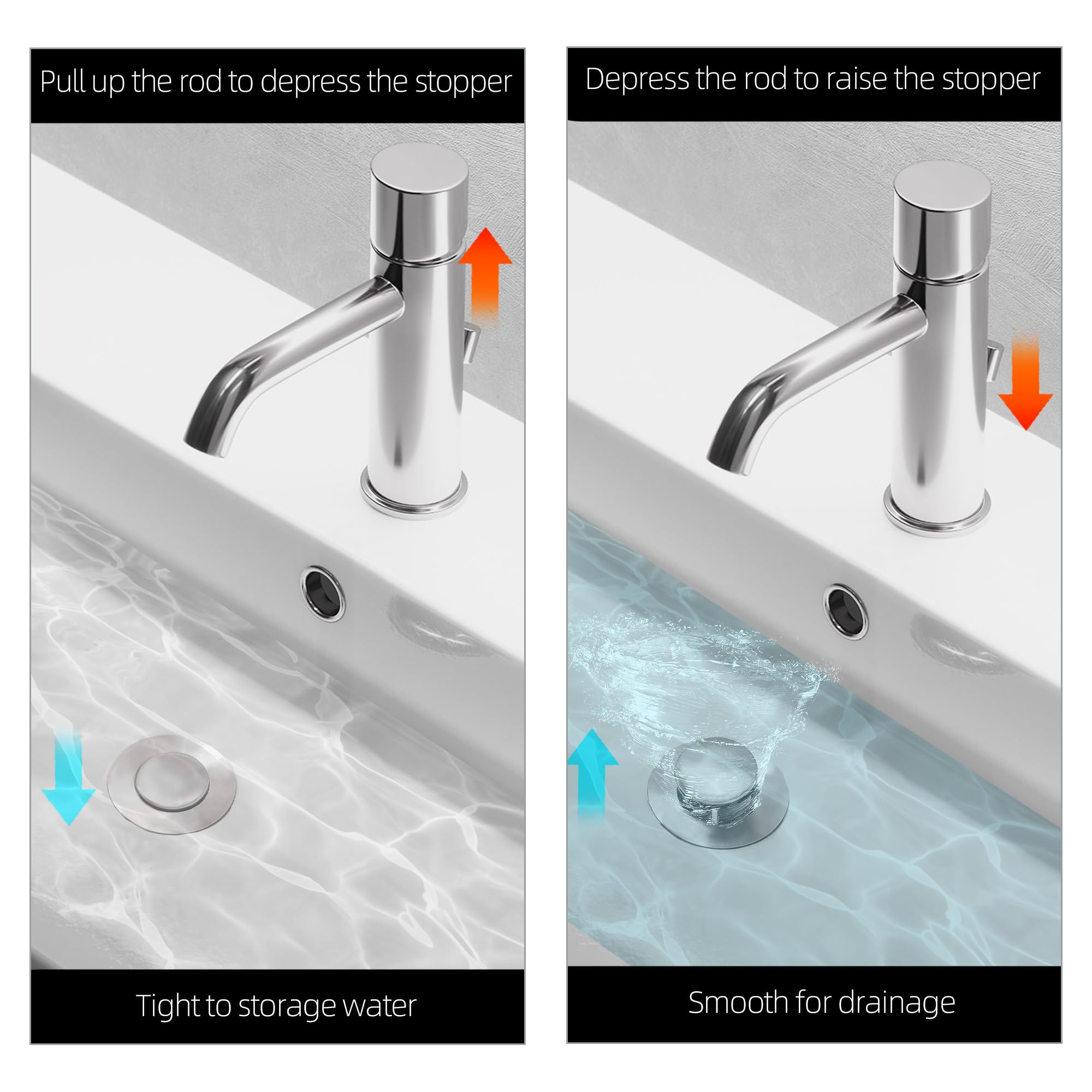 (2-Pack) Bathroom Sink Pop-Up Stoppers - Plastic Pop-Up Stoppers with Chrome Finish - Standard Design 1-1/4β Cap Outer Diameter, 4-7/8 Overall Height - with 1 Mounting Hole and Gasket Seal