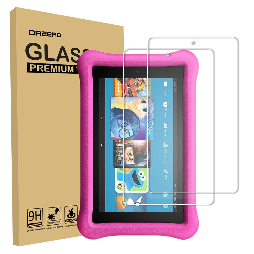 (2 Pack) Orzero For All-New Amazon Kindle Fire 7 2019, Fire HD 7 Kids Edition (2017 released) Tempered Glass Screen Protector, Bubble-Free 9 Hardness HD Anti-Scratch (Lifetime Replacement)