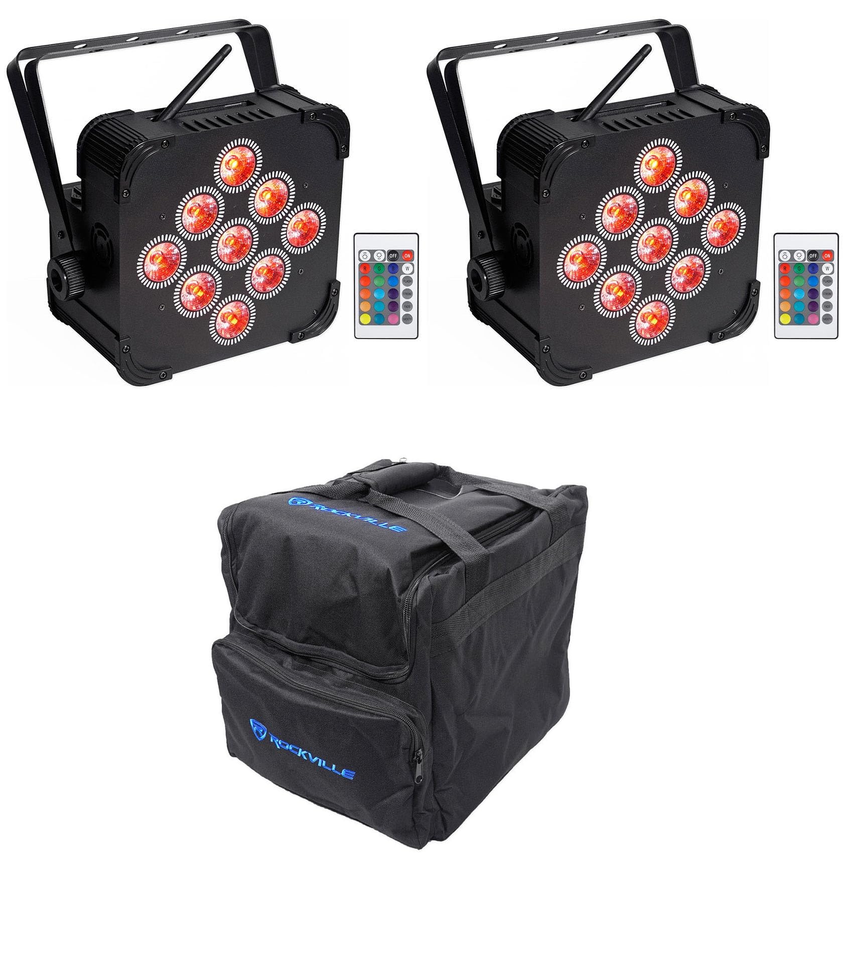 (2) Rockville Best PAR 60 Rechargeable Wash Lights w/Wireless DMX+RGBWA+UV+Bag