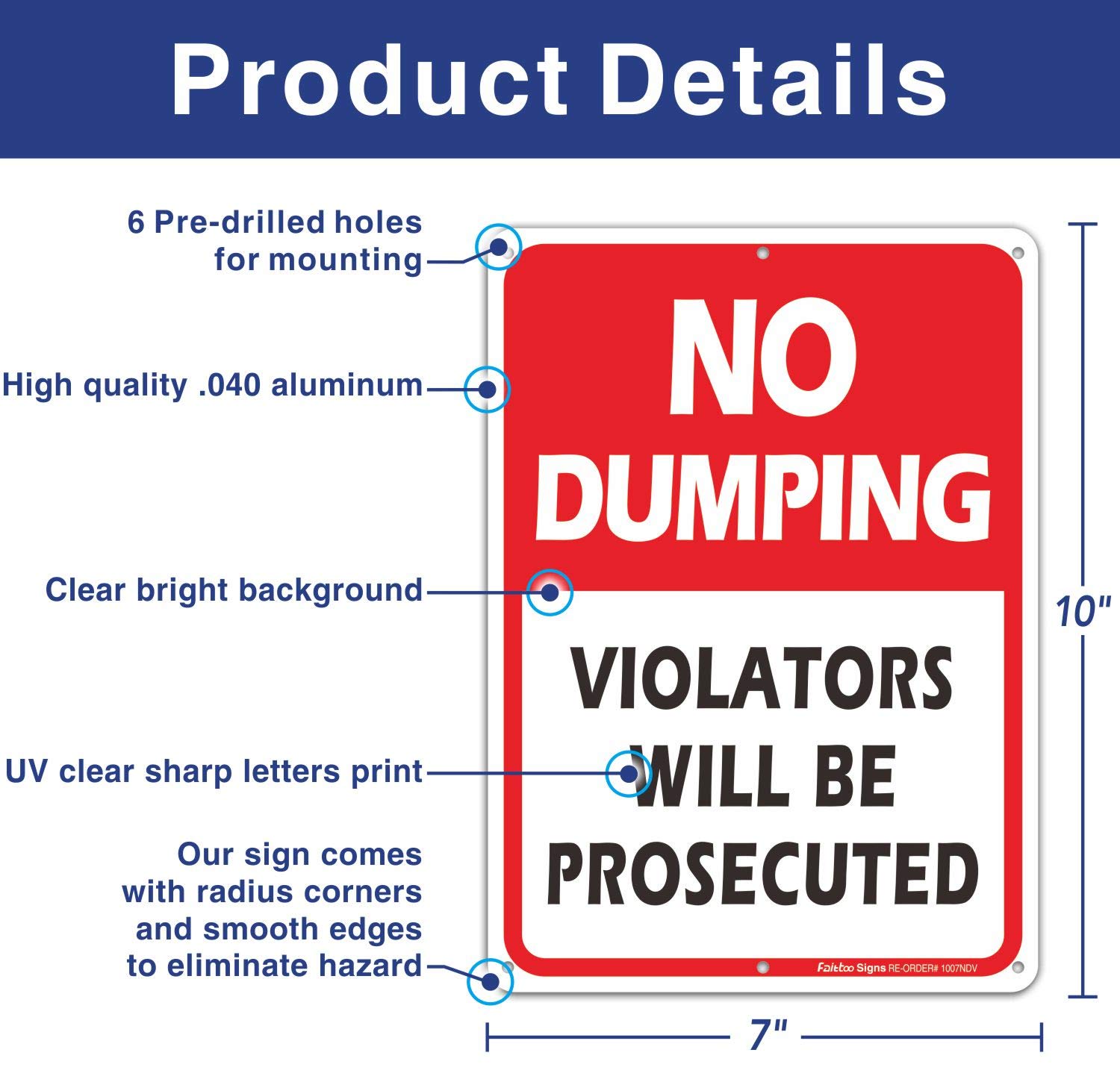 (2 Pack) No Dumping Sign, Violators Will Be Prosecuted Sign, 10" x 7" Rust Free .40 Aluminum, UV Protected, Weather Resistant, Waterproof, Durable Ink，Easy to Mount