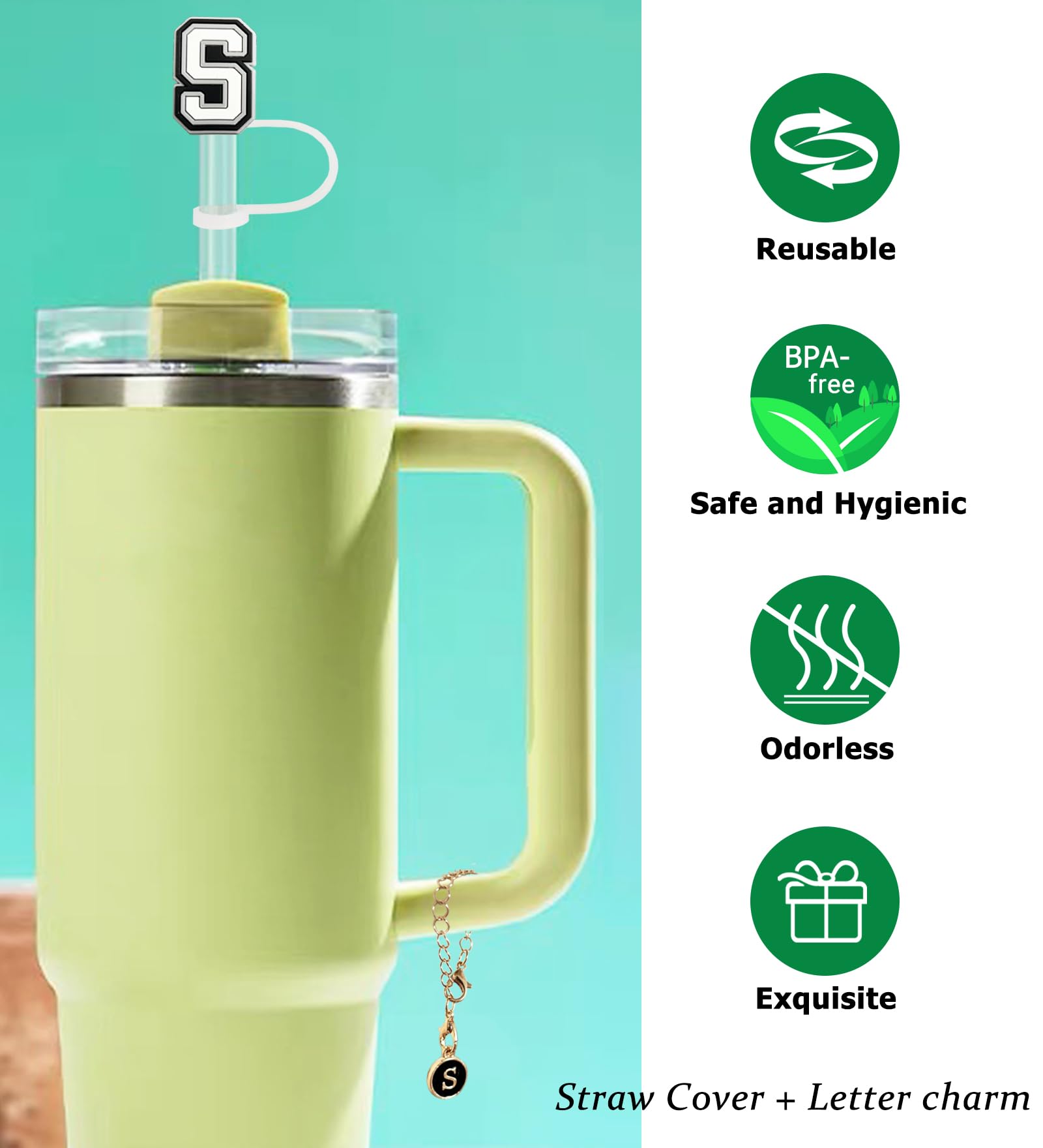 (3 +3) 3PCS Nuozme Straw Cover 10mm For Stanley Tumbler Cup Reusable Straw Cap Topper with 3 Initial Letter Charms Accessories Name ID Personalized Handle Charm For Stanley 30&40 Oz Cup Tumbler
