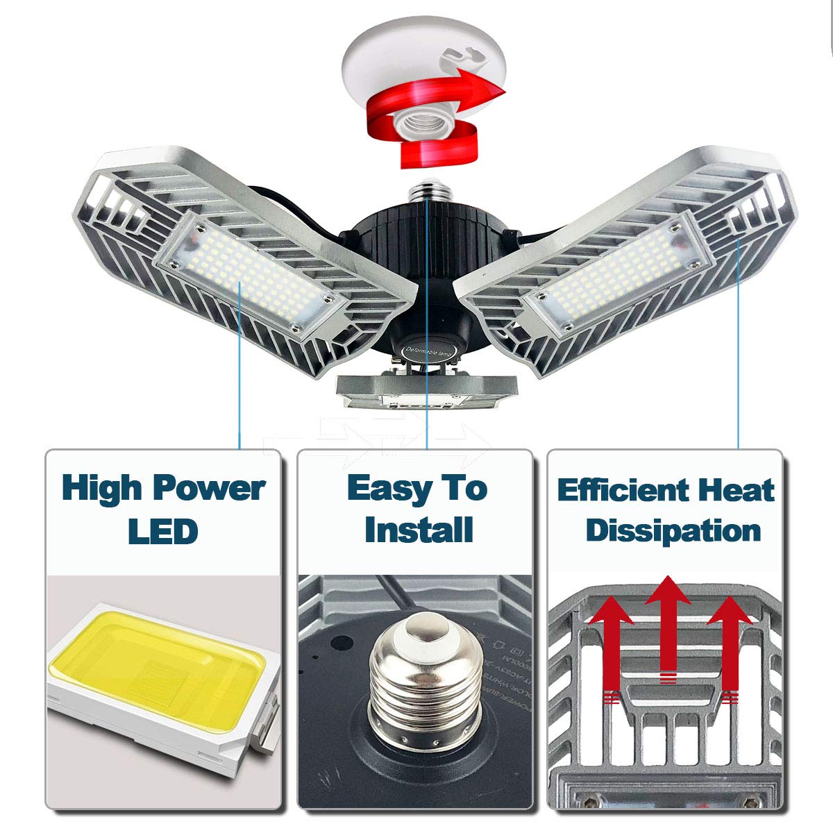 (2 Pack)LED Garage Lights, 60W Adjustable Trilights LED Garage Ceiling Light Fixture, Low & High Bay Deformable LED Light Bulbs with 6000LM 6000K for Shops, Attic, Area, Basement Home Indoor Lighting