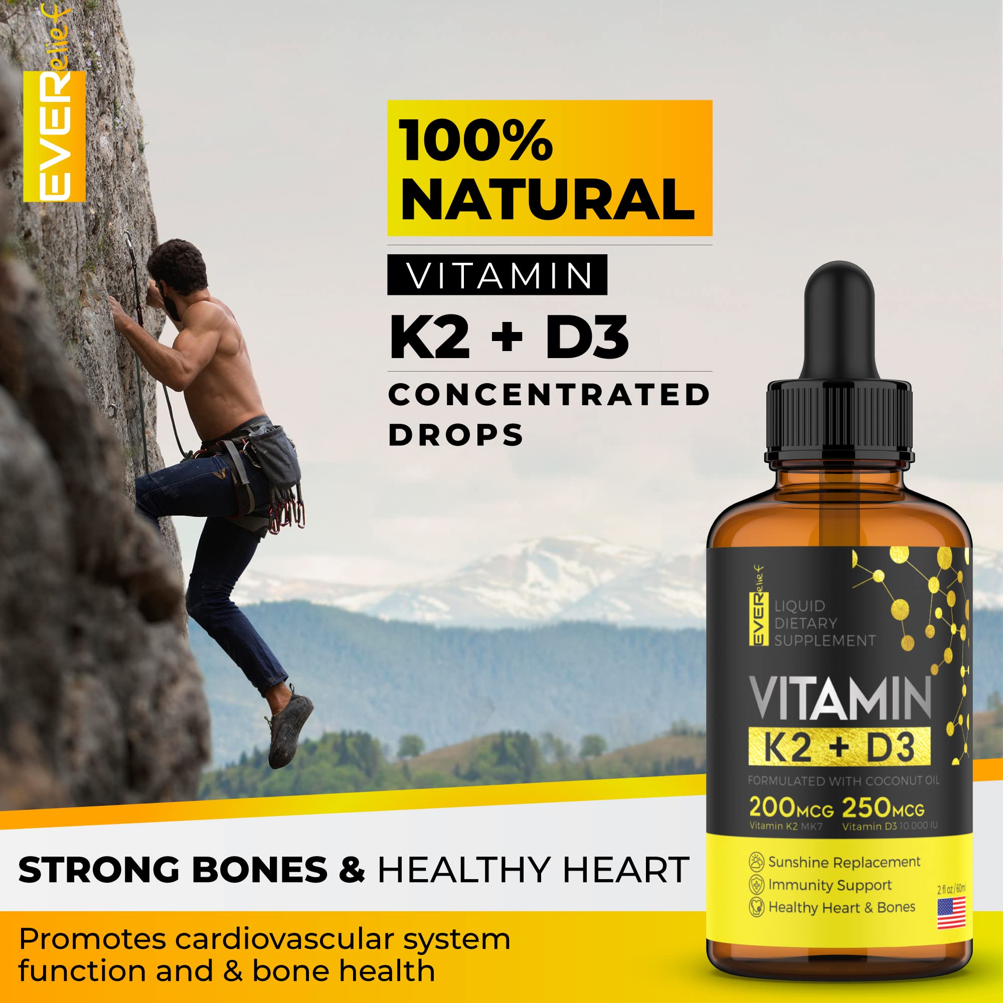 (2 Pack) Liquid Vitamin D3 with K2 - Vitamin D3 Drops 10000 IU + Sublingual vitamin k2 liquid with Coconut Oil | Supports Your Bones & Heart and Boost Your Immune System | Organic Vitamin D K2 Liquid