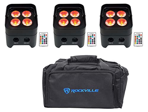 (3) Rockville BEST PAR 50 Rechargeable Par Wash Lights Wireless DMX+RGBWA+UV+Bag