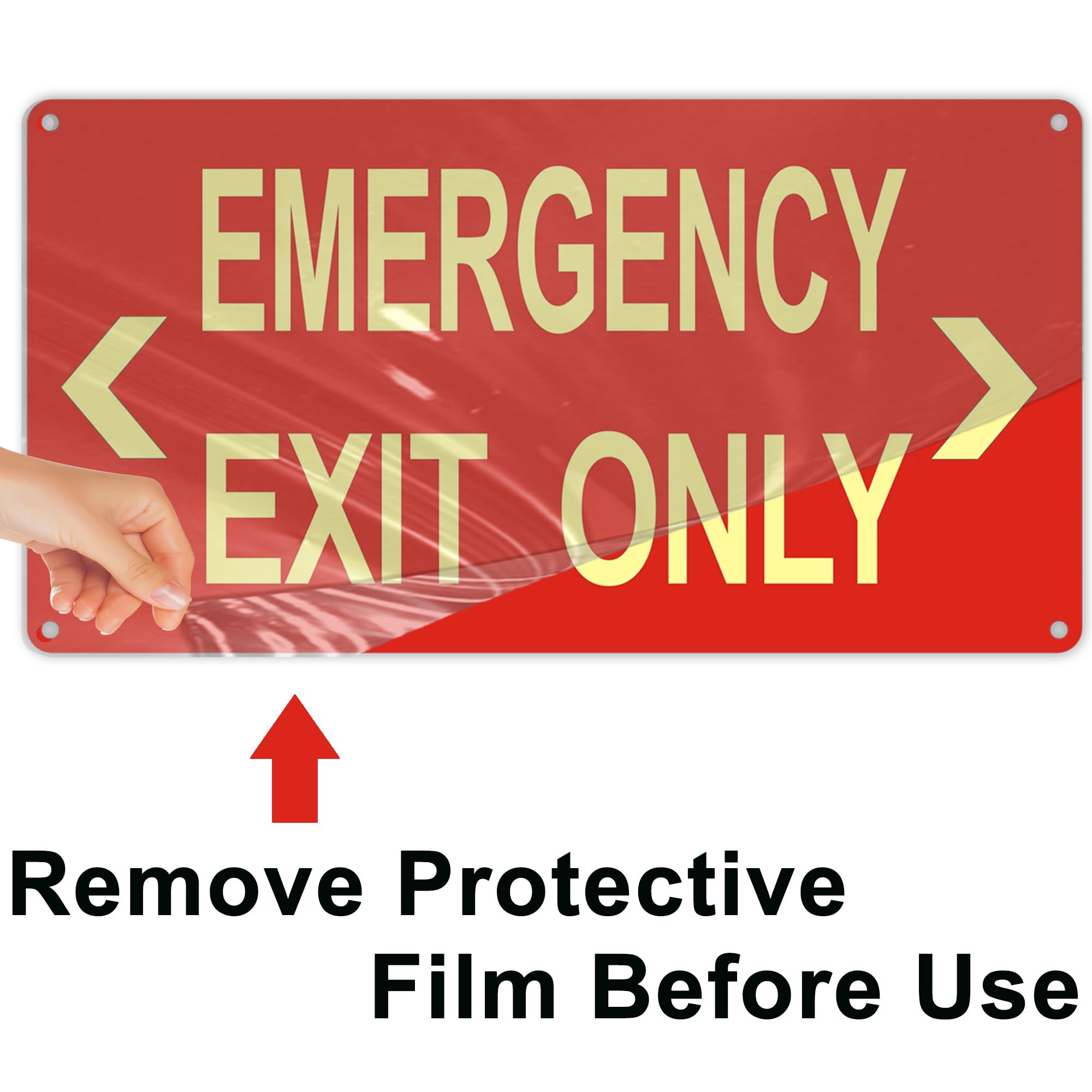 (2Pack) Photoluminescent Emergency Exit Sign Red, Glow In The Dark Aluminum Exit Sign - Adhesive Backing - 4pcs Removable Arrows Included - 14.25 x 7.5 Inches - Non Electrical Exit Sign