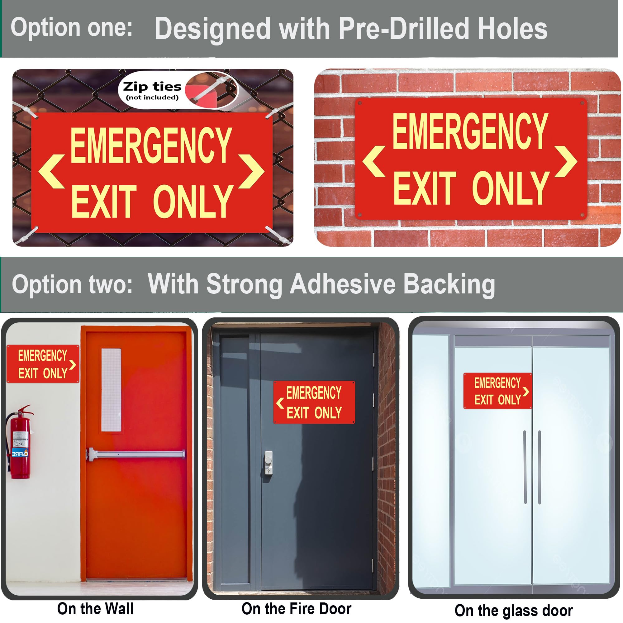 (2Pack) Photoluminescent Emergency Exit Sign Red, Glow In The Dark Aluminum Exit Sign - Adhesive Backing - 4pcs Removable Arrows Included - 14.25 x 7.5 Inches - Non Electrical Exit Sign
