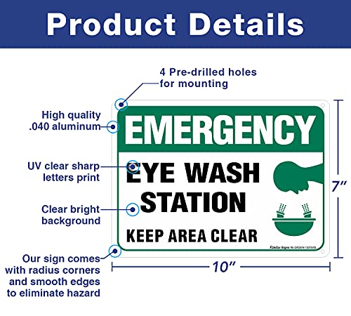 (2 Pack) Emergency Sign, Eye Wash Station Sign, Keep Area Clear Sign, 10 x 7 Inches .40 Rust Free Aluminum, UV Protected, Weather Resistant, Waterproof, Durable Ink,Easy to Mount