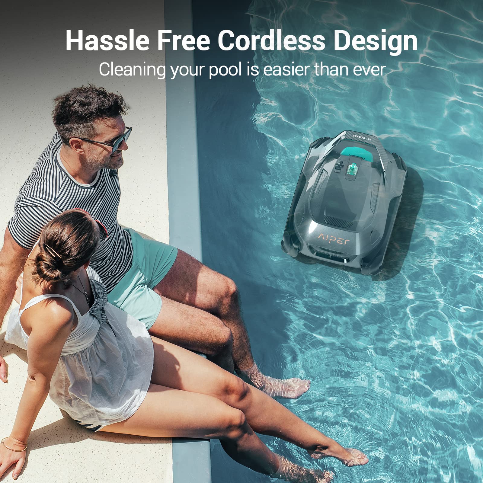 (2023 Upgrade) AIPER Seagull Plus Cordless Pool Vacuum, Robotic Pool Cleaner Lasts 110 Min, Stronger Power Suction, LED Indicator, Ideal for Above/In-Ground Flat Pools up to 60 Feet