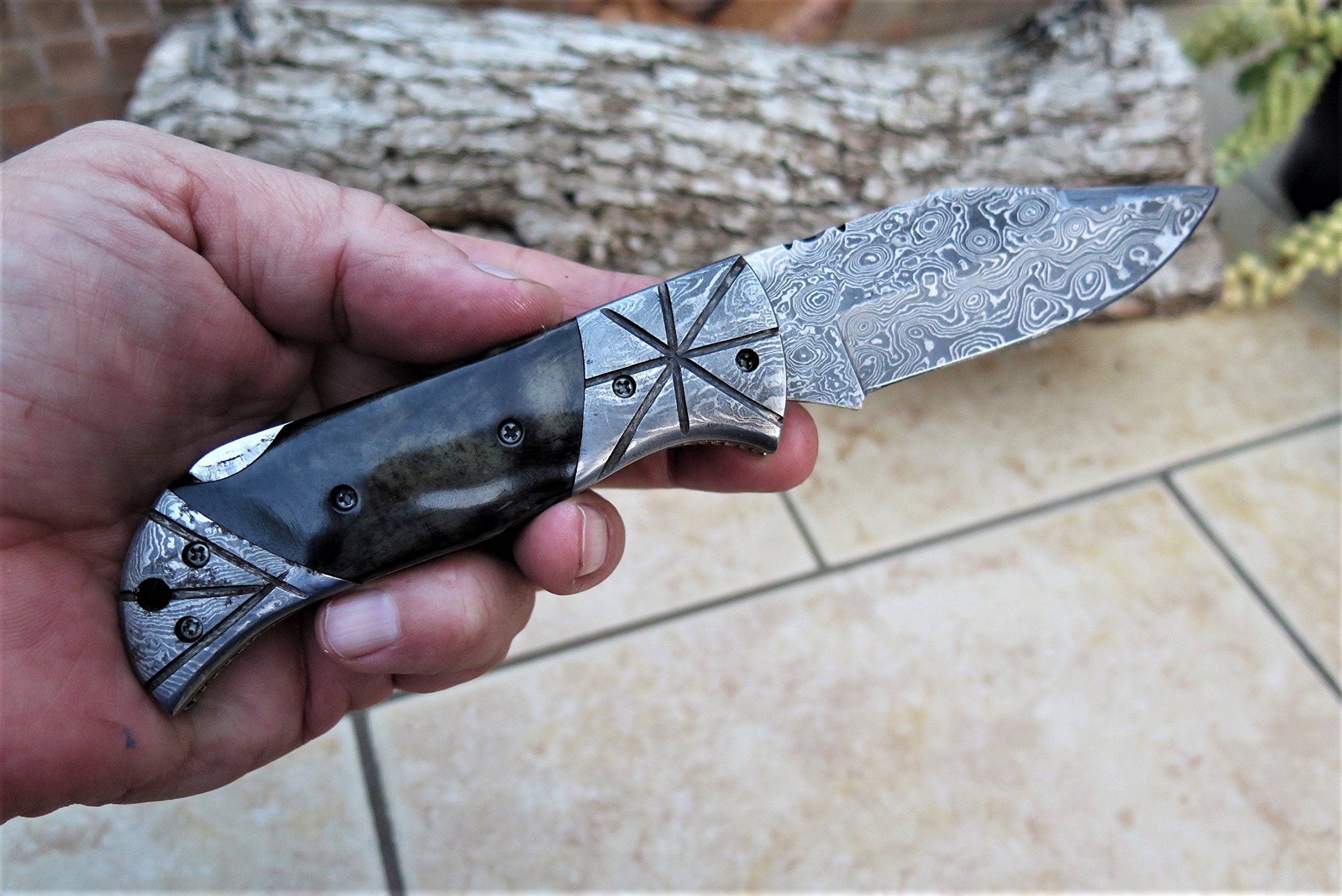 (3 7/18) Sale DKC-727 Midnight Cowboy Damascus Steel Black Bone Folding Pocket Hunting Knife 4.5' Folded 8" Open 3.25" Blade